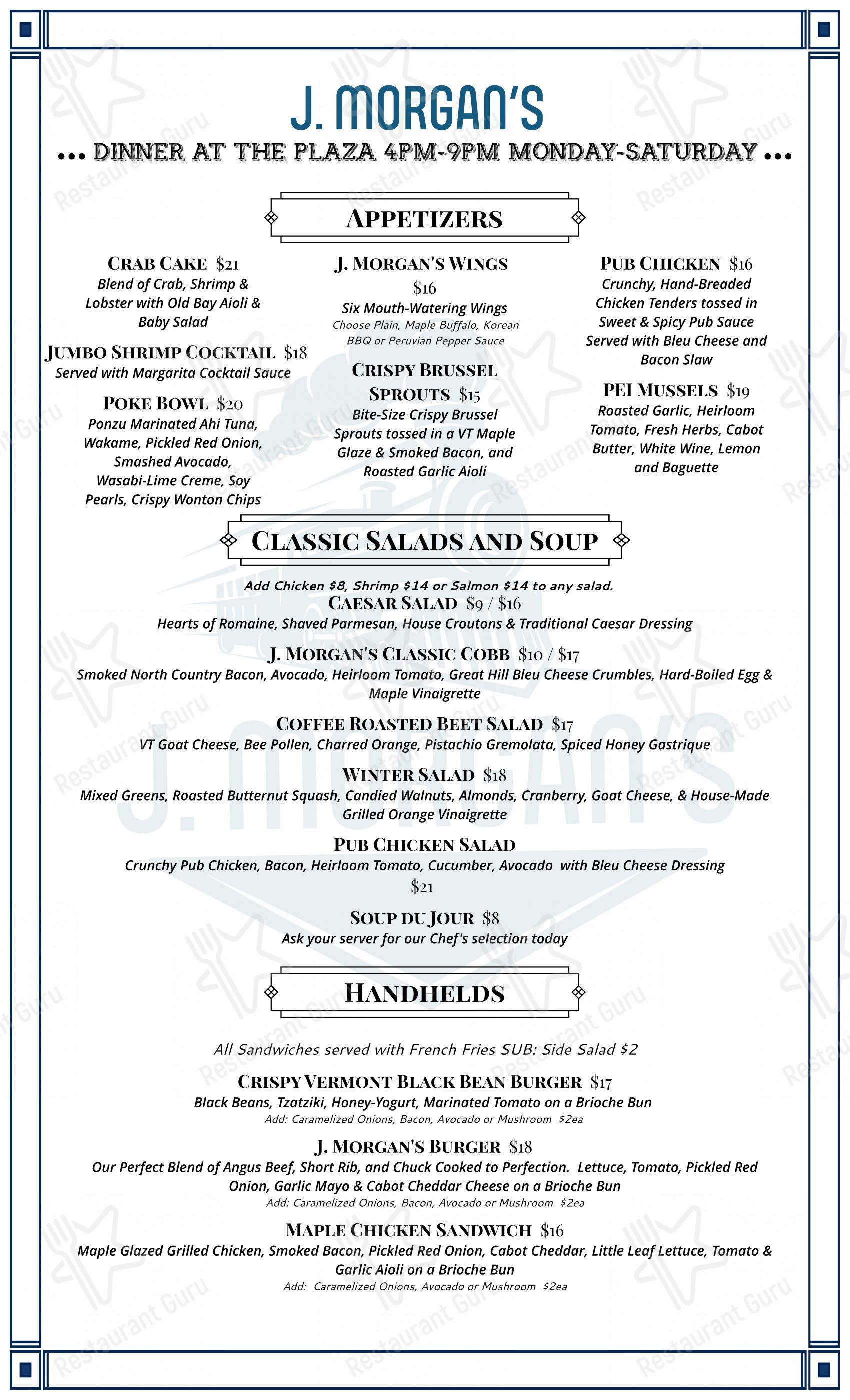 Menu at J Morgan's Steakhouse, Montpelier