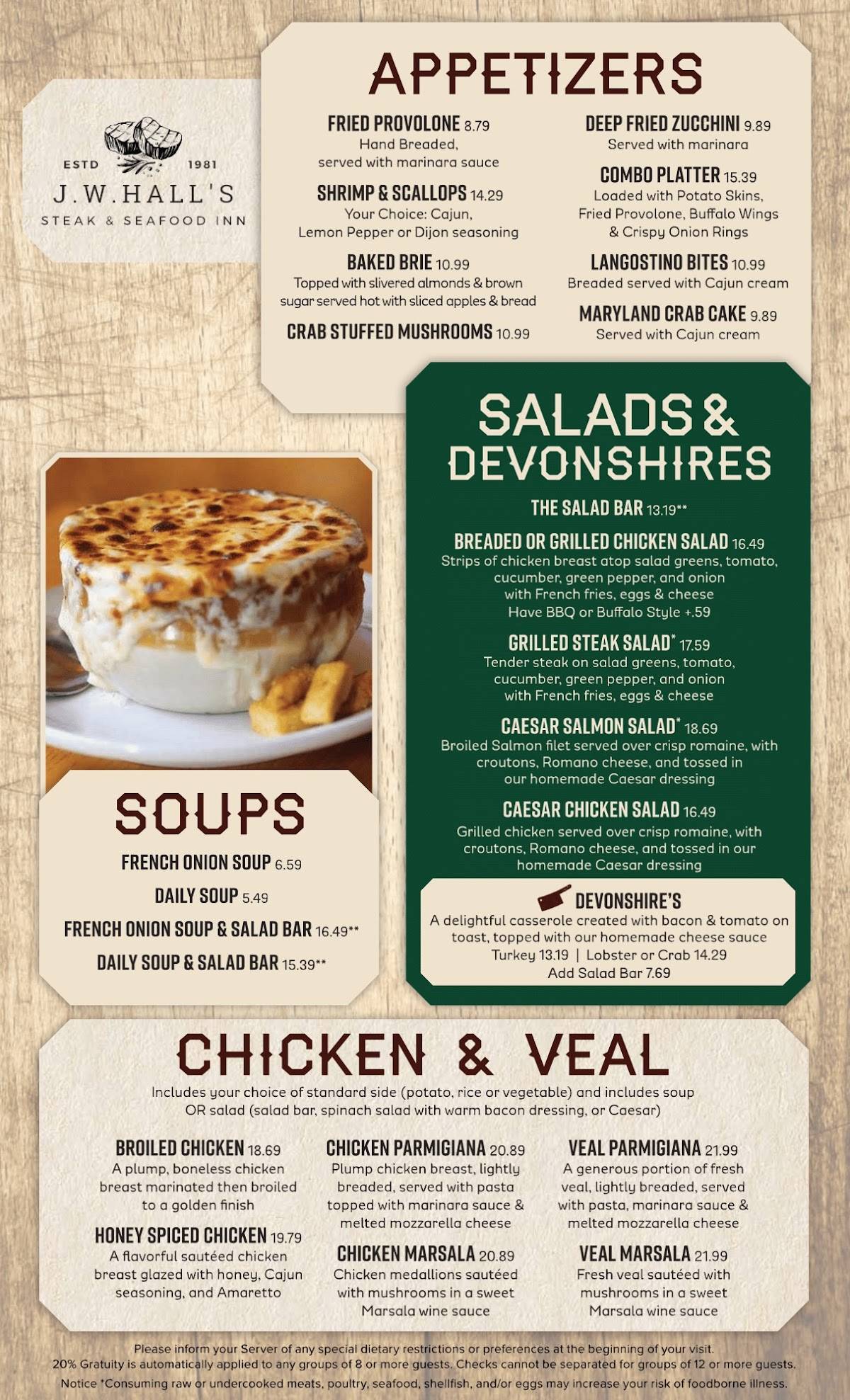 Menu at J W Halls Steak & Seafood Inn restaurant, Aliquippa