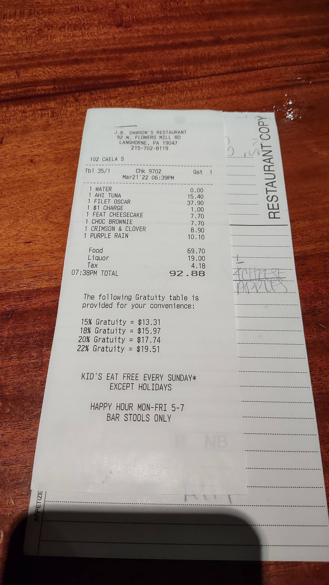 Menu at JB Dawson's Restaurant & Bar, Langhorne