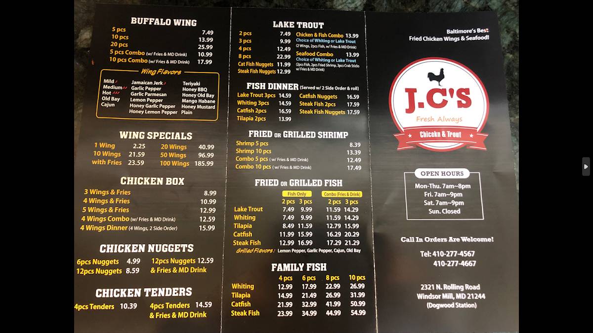 Menu at JC's Chicken & Trout restaurant, Milford Mill