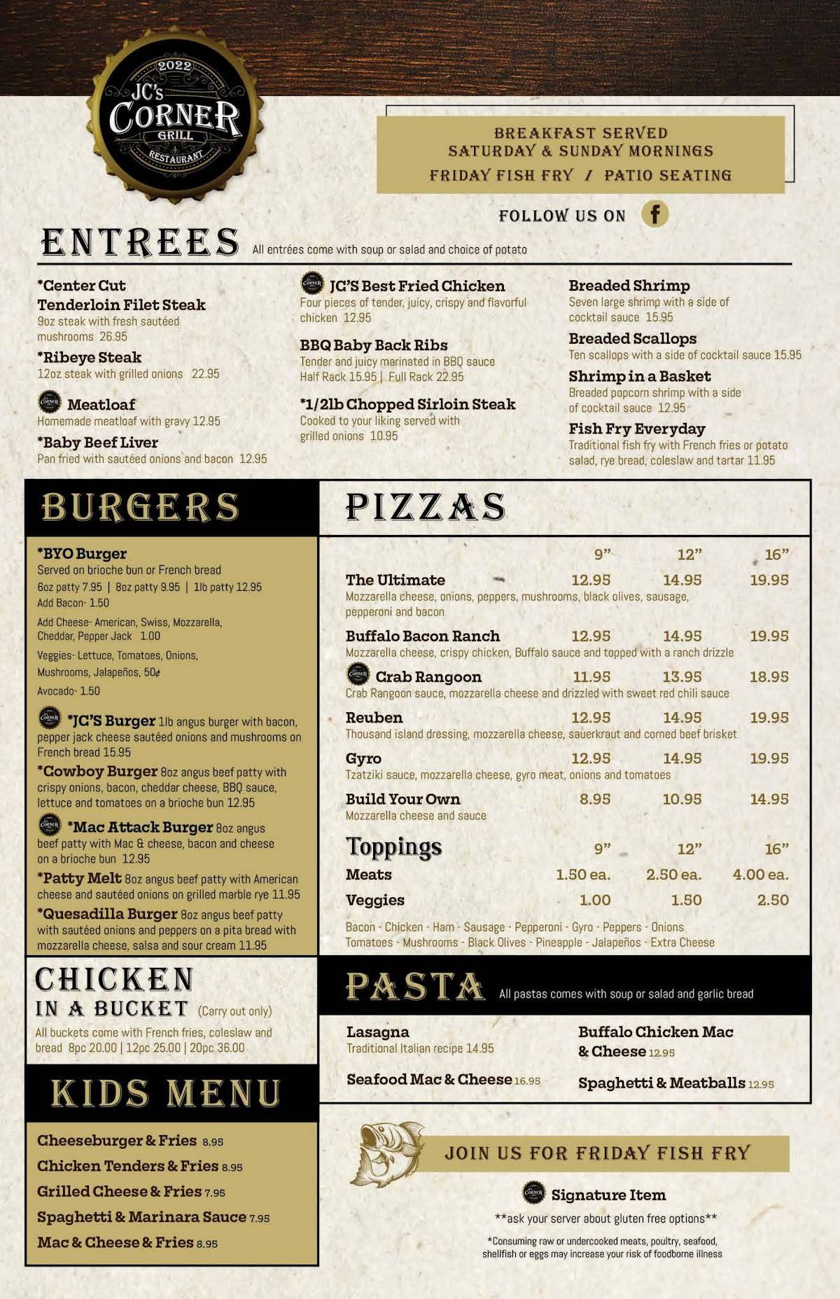 Menu at JC's Corner & Grill restaurant, Hartford
