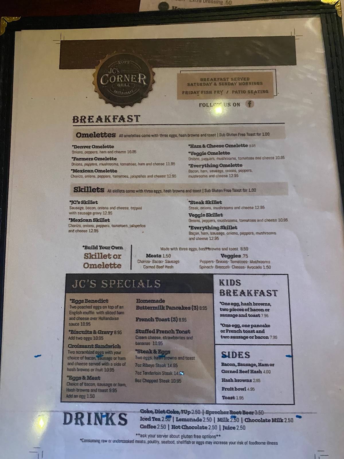 Menu at JC's Corner & Grill restaurant, Hartford
