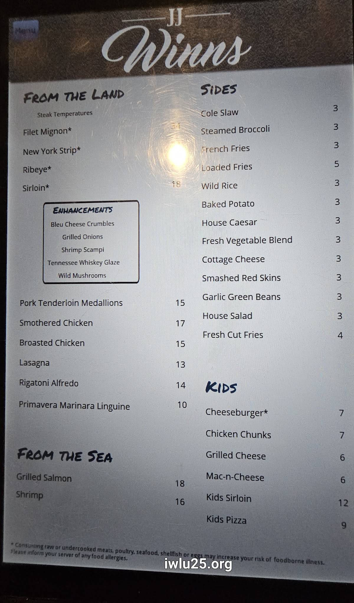 Menu at JJ Winns Restaurant & Lounge, Montpelier