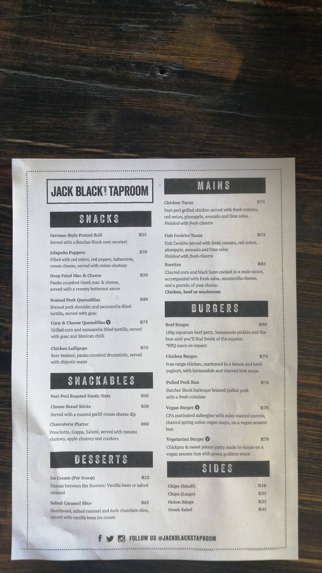 Menu at Jack Black Brewing Company pub & bar, Cape Town