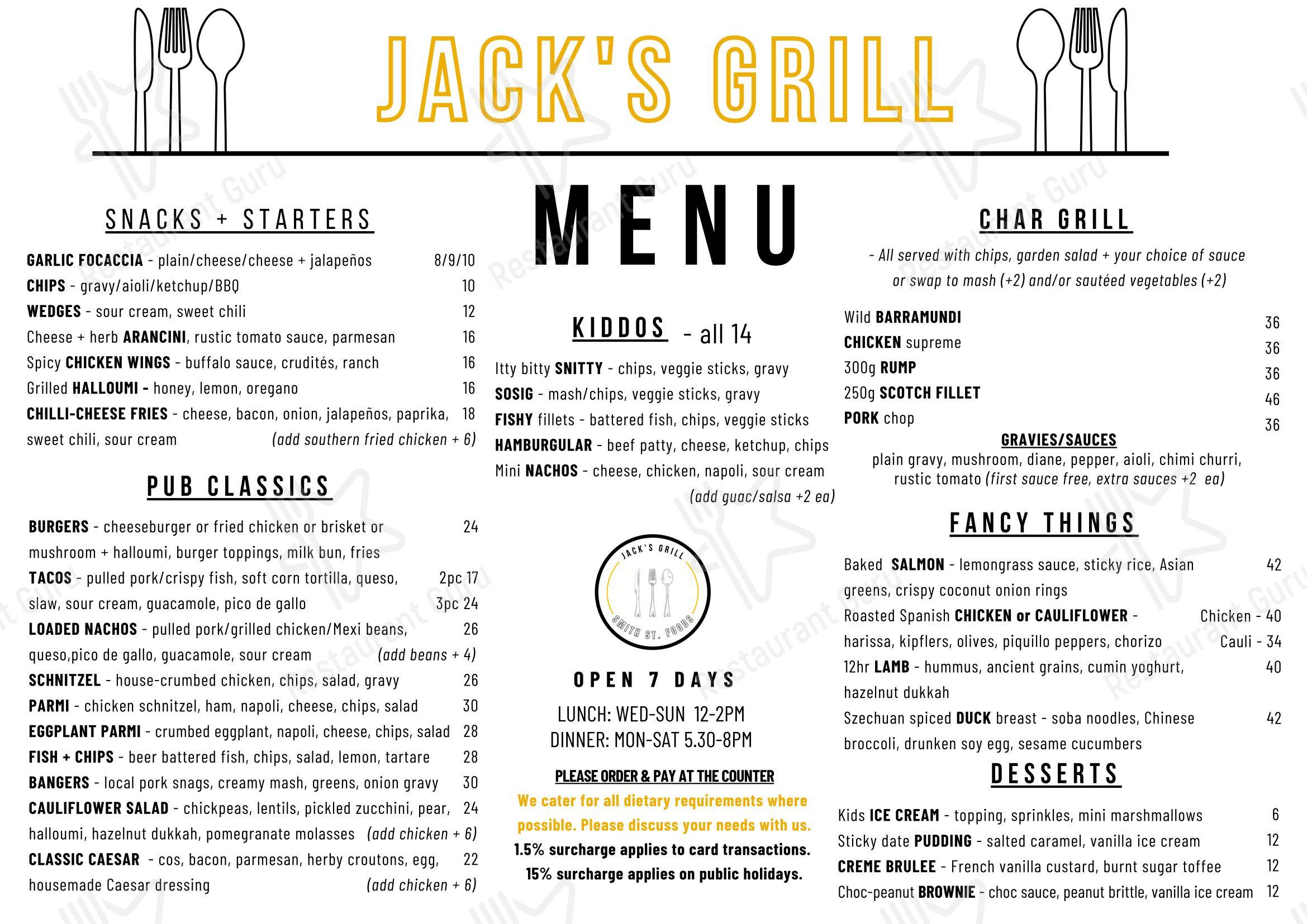 Menu at Jack's Grill by SMITH ST. FOODS pub & bar, Gerringong, 29 ...