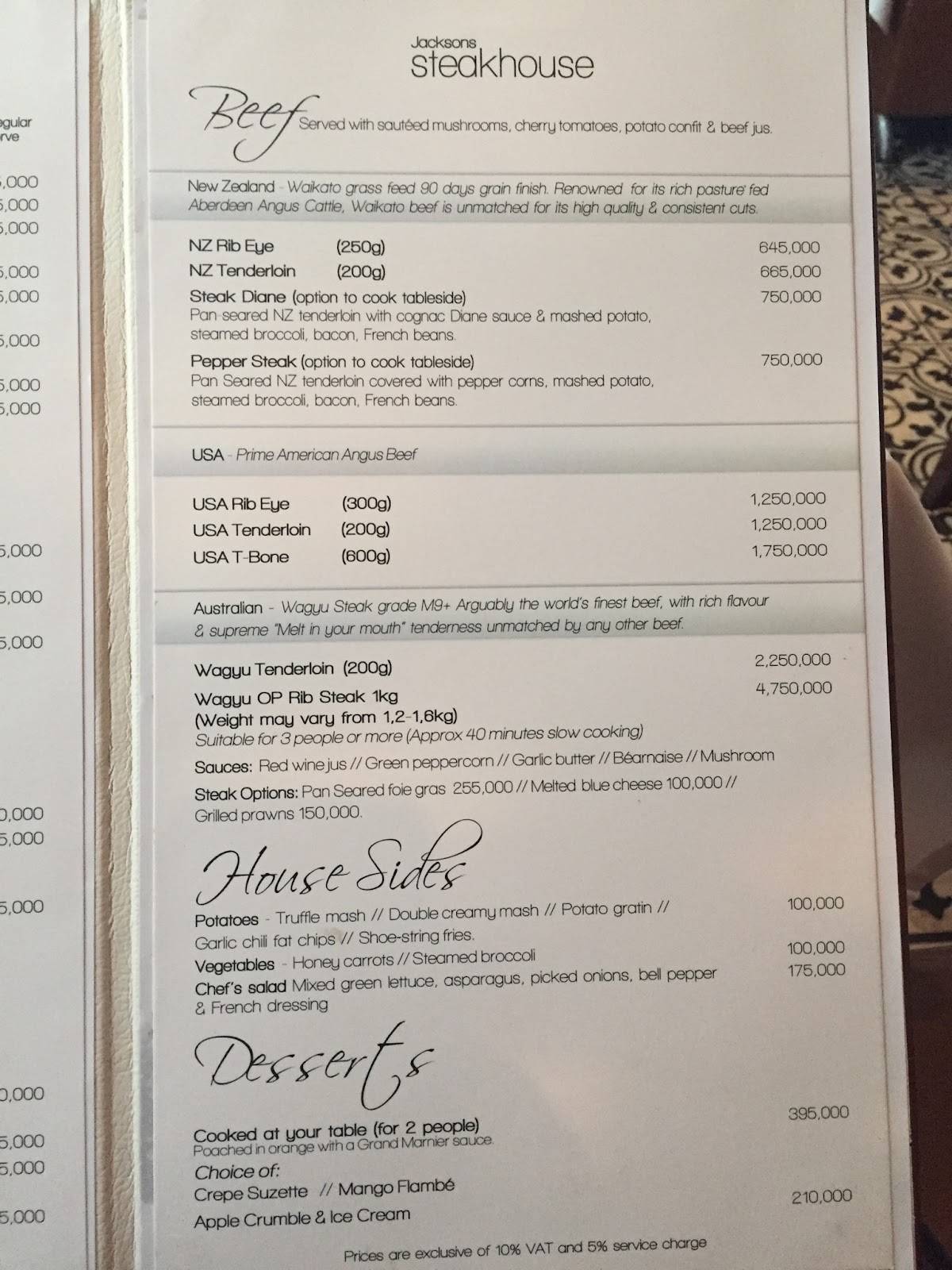 Carta de Jacksons Steakhouse, Hanoi