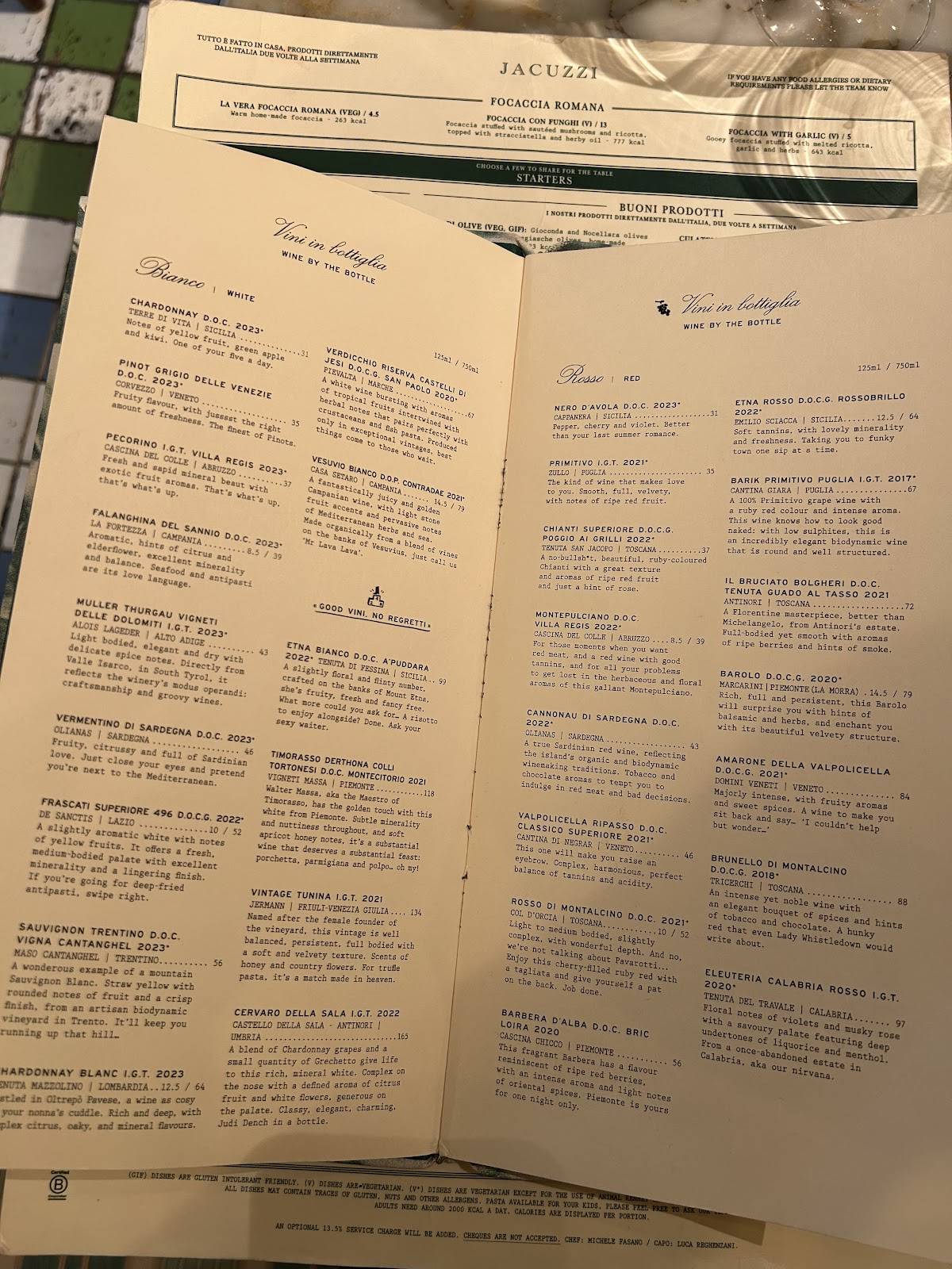 Menu at Jacuzzi restaurant, London