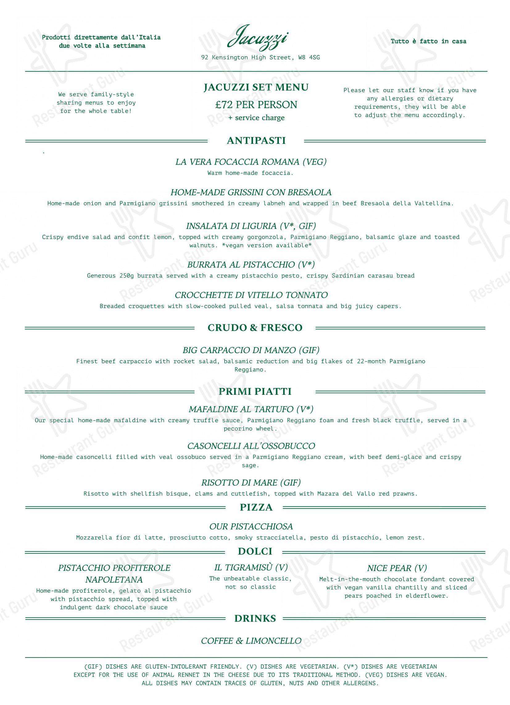 Menu at Jacuzzi restaurant, London