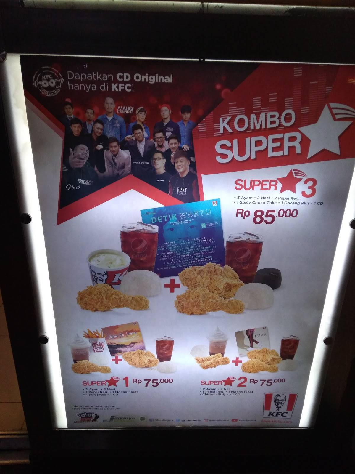 Menu at KFC restaurant, Central Jakarta, Jl. Tanah Abang II No.85