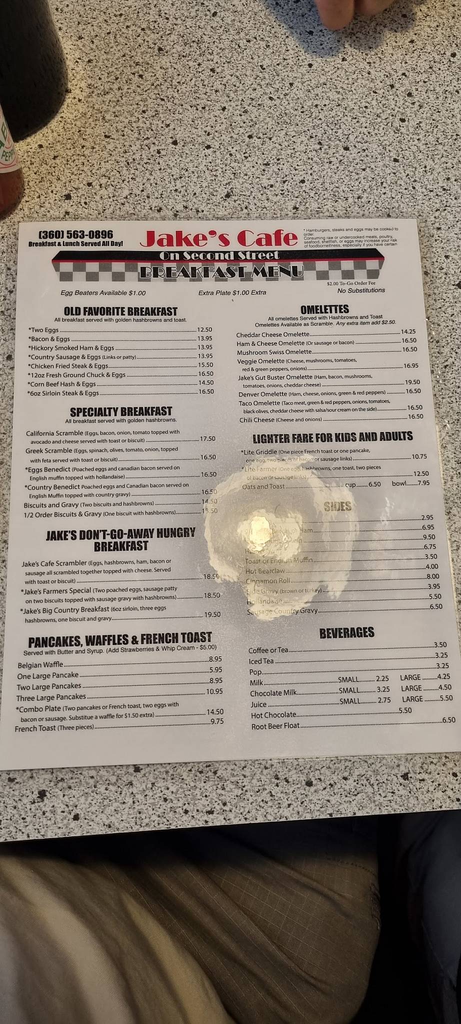 Menu at Jake's Cafe on 2nd Street, Snohomish