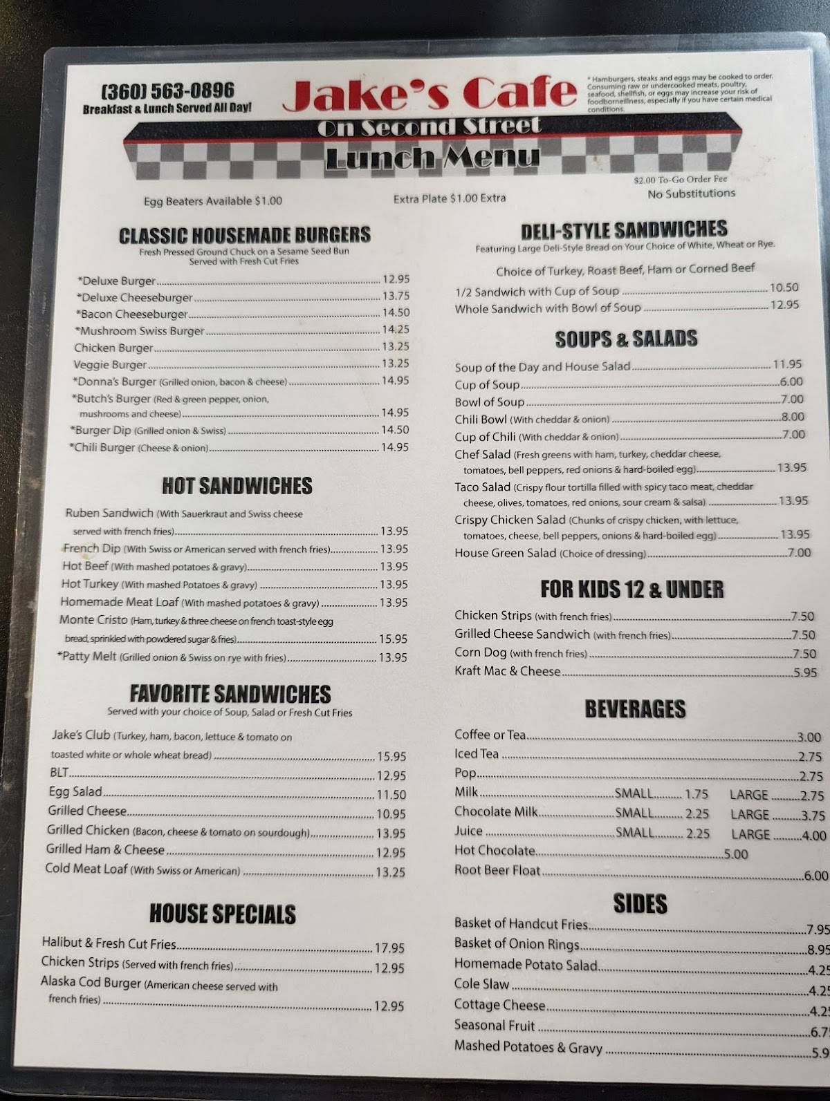 Menu at Jake's Cafe on 2nd Street, Snohomish