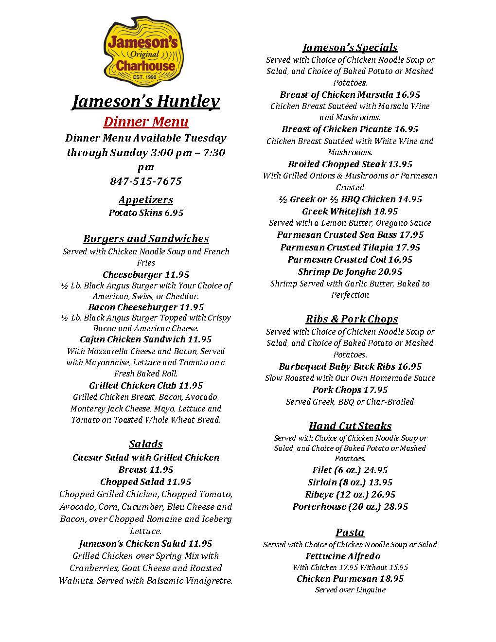 Menu at Jameson’s Charhouse steakhouse, Huntley