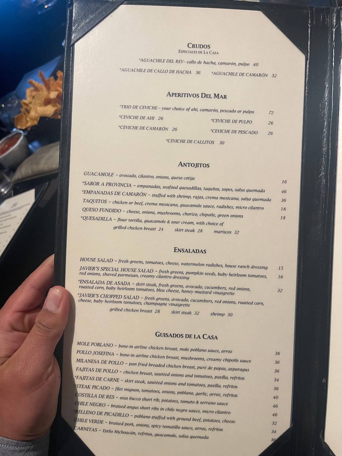 Menu at Javier's Restaurant - Newport Beach, Newport Beach