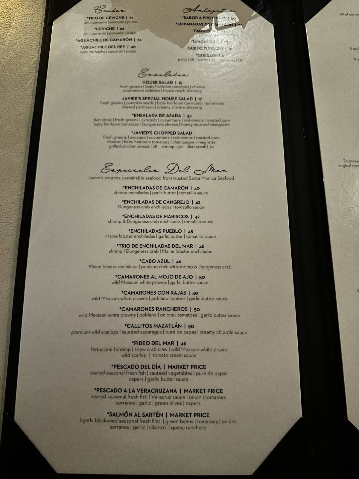 Menu at Javier's Restaurant - Newport Beach, Newport Beach