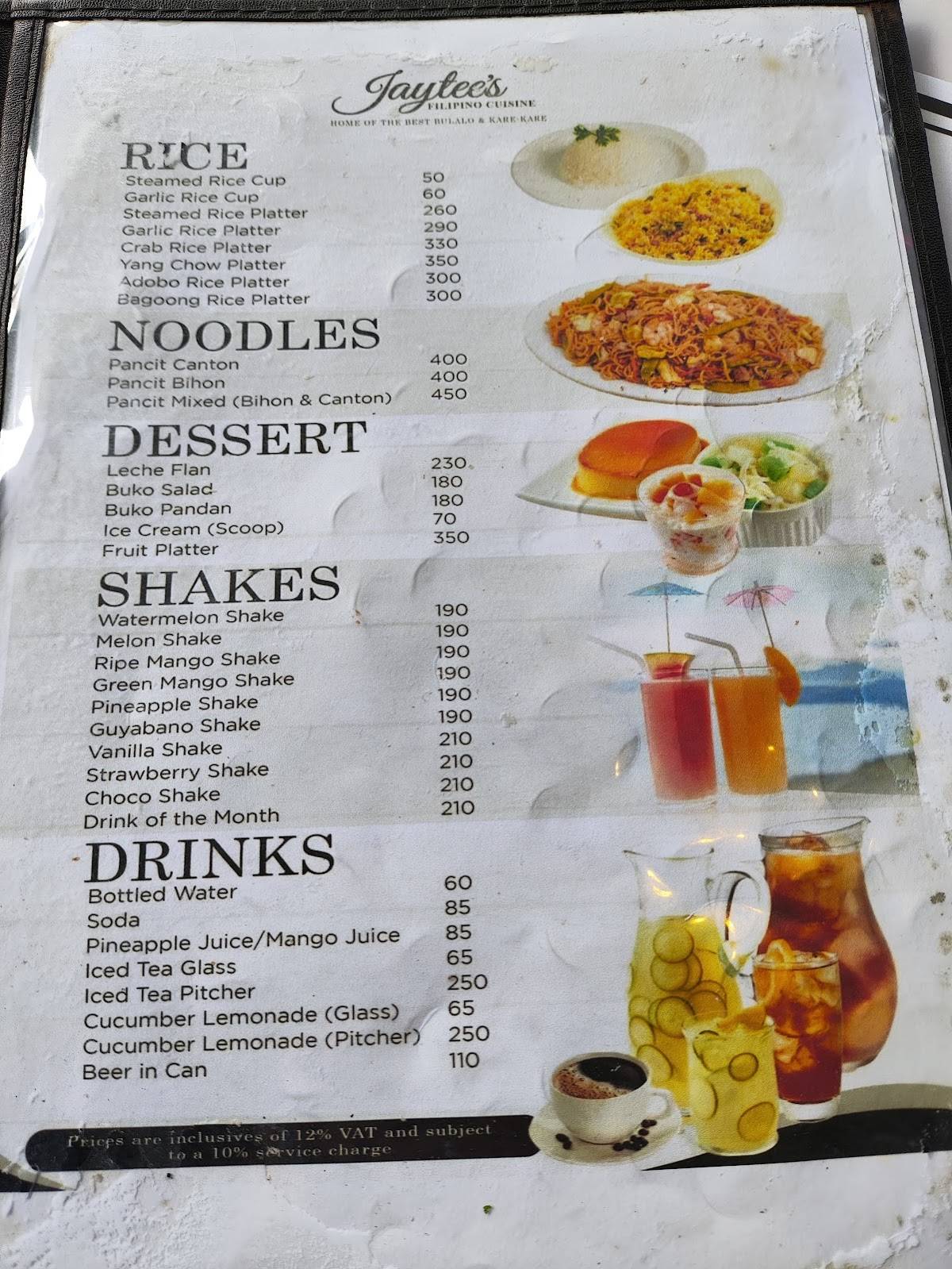 Menu at Jaytee's Classic Filipino Cuisine restaurant, Tagaytay, 4W2X+H5H