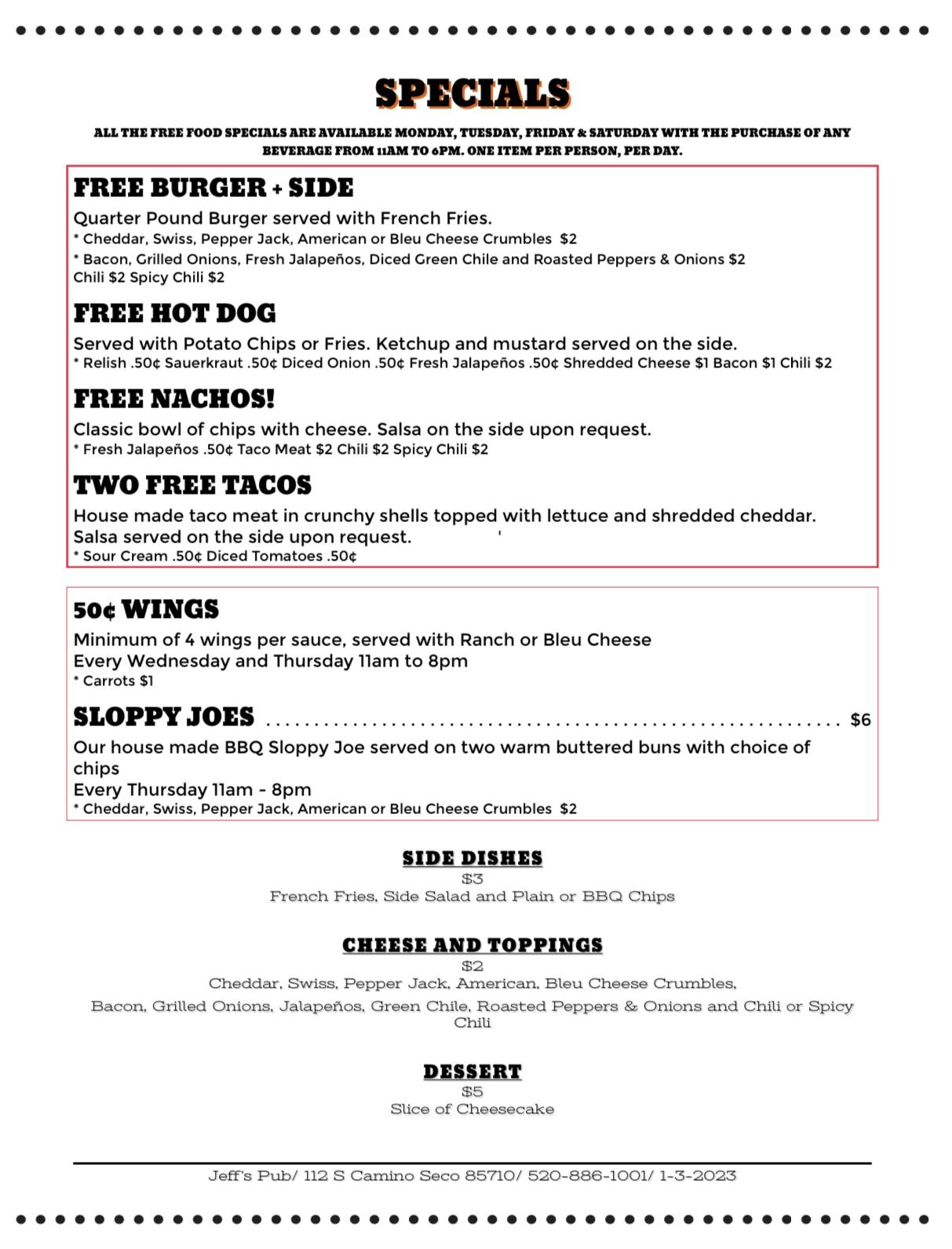Menu at Jeff's Pub Sports Bar & Grill, Tucson
