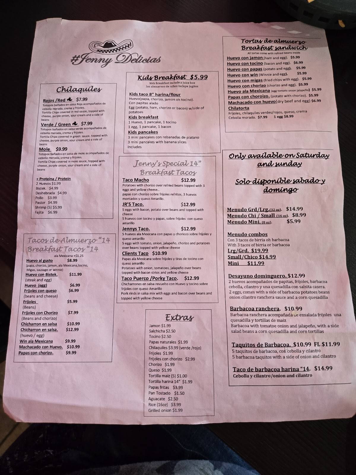 Menu at Jenny Delicias restaurant, Brownsville, I-69E
