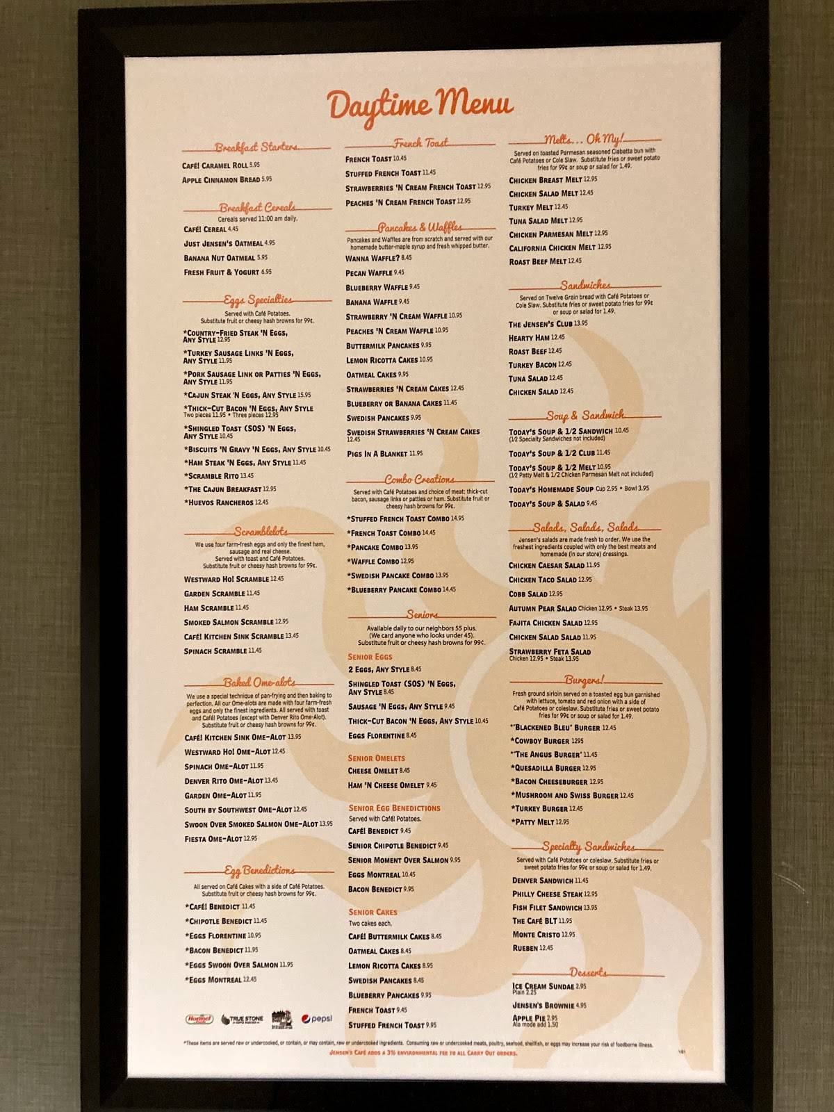Menu at Jensen's Cafe, Burnsville