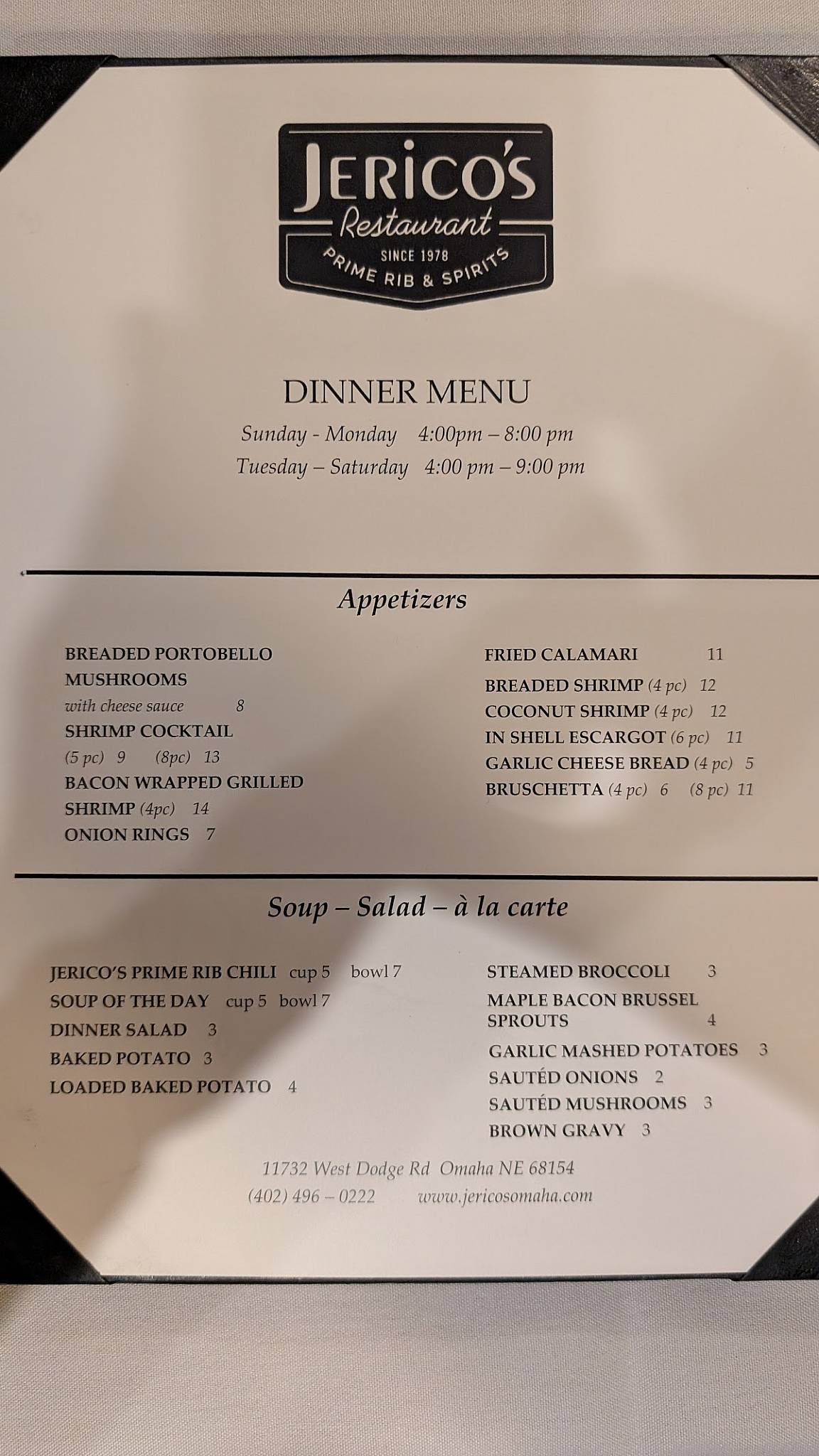 Menu at Jerico's steakhouse, Omaha