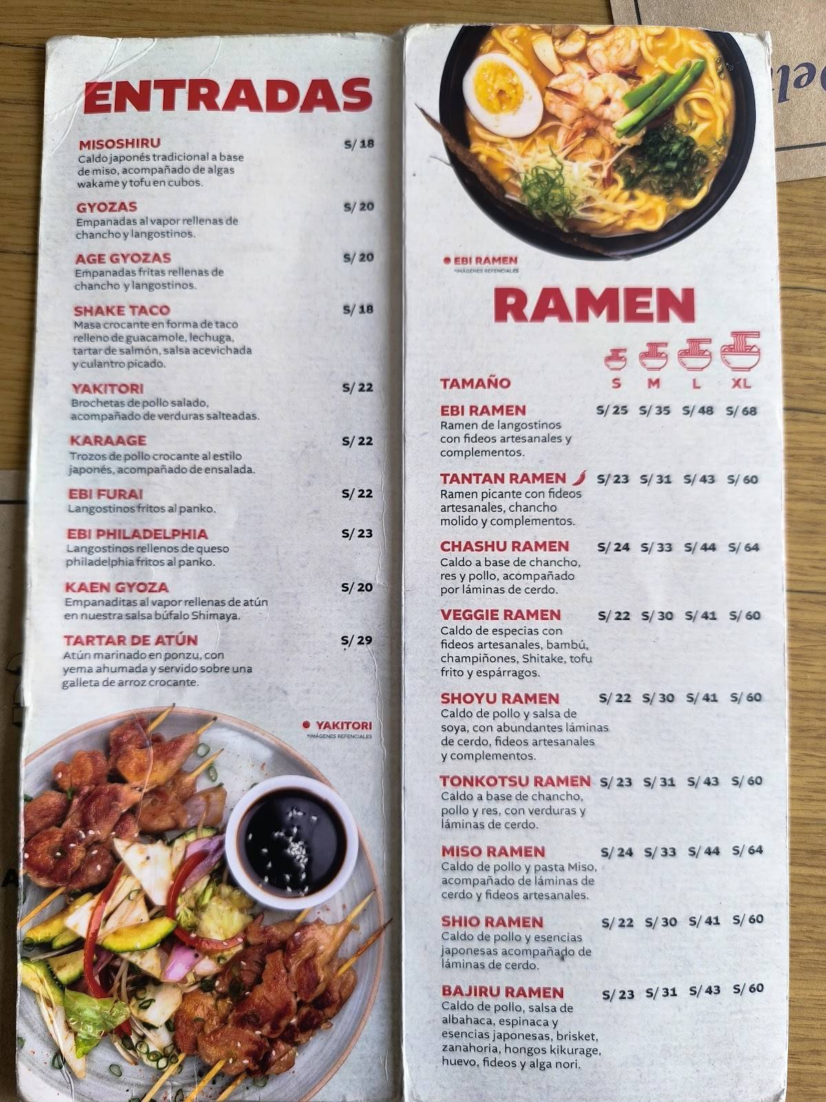 Carta del restaurante Shimaya Ramen, Jesus Maria, P.º Belaunde Terry 20