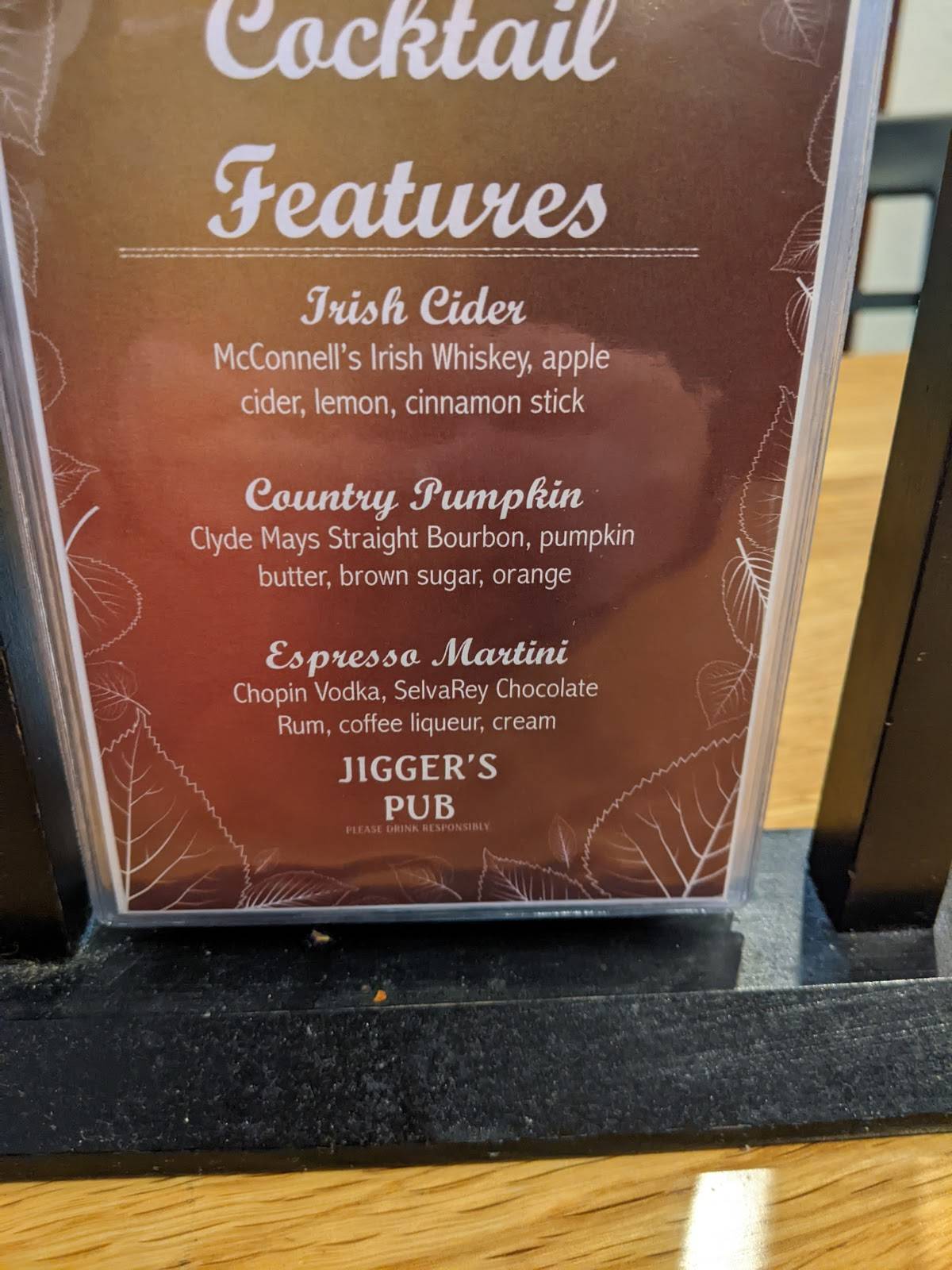 Menu at Jigger's Pub, Export