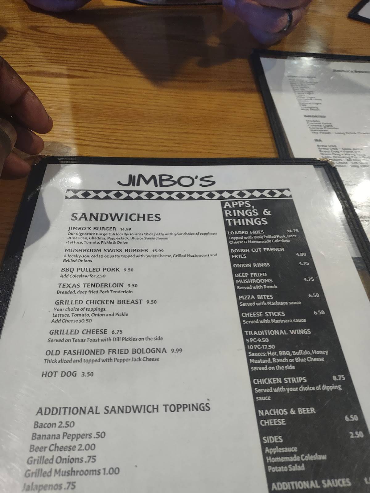 Carta del pub y bar JimBo's Burgers and Beer, South Bloomingville