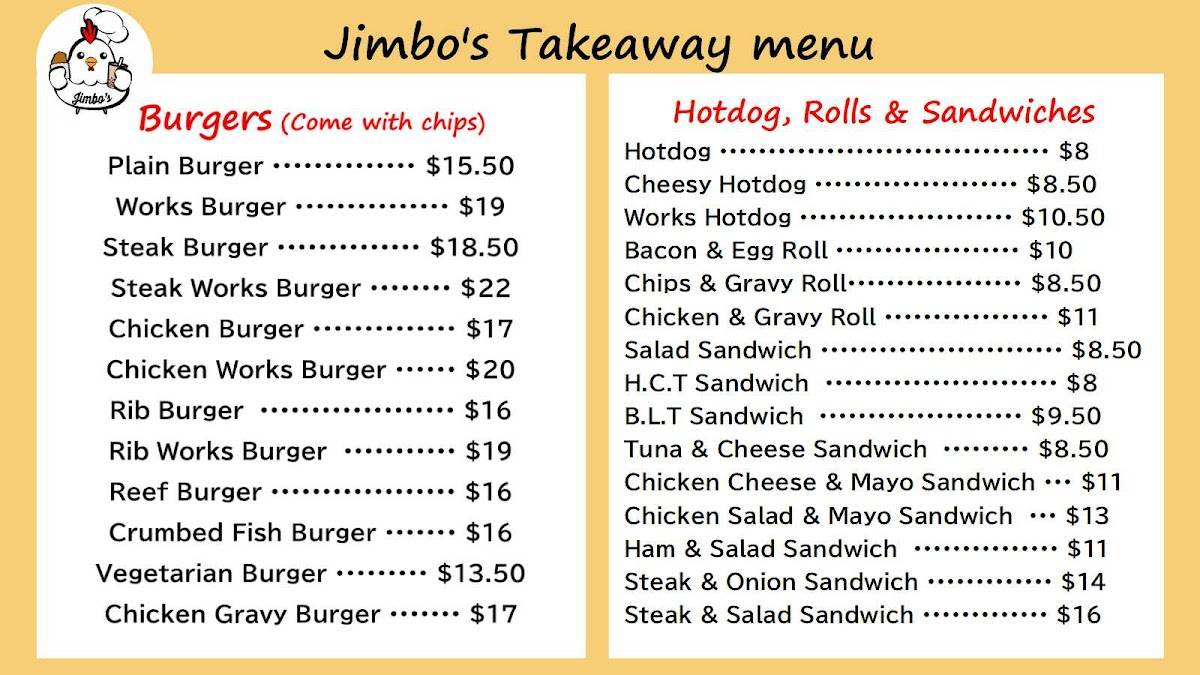 Menu at Jimbo's Takeaway restaurant, Inverell