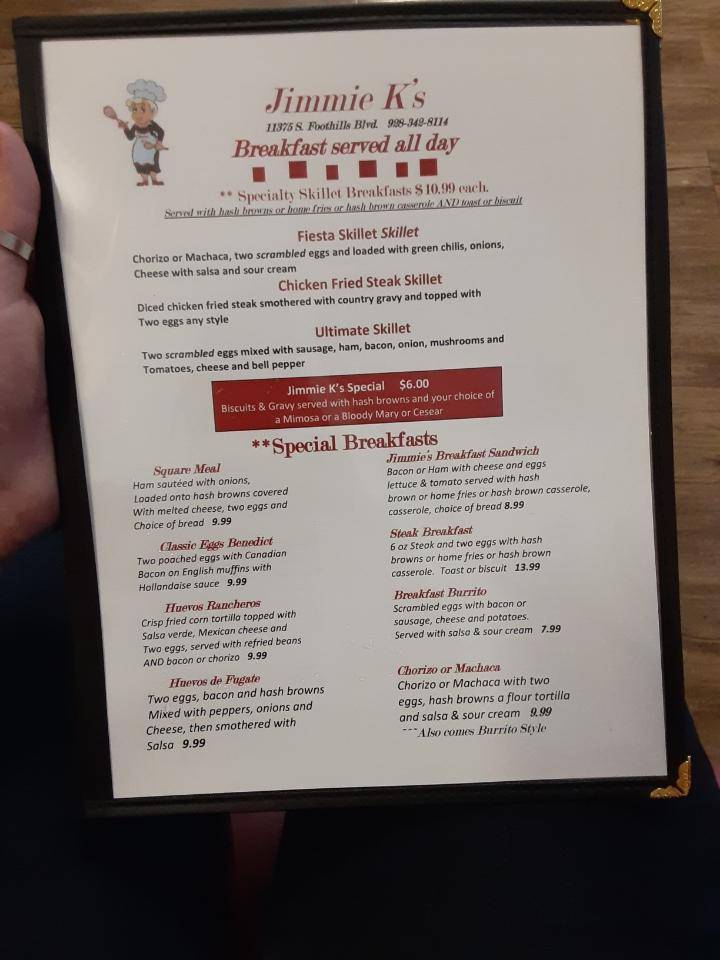Menu at Jimmy K's restaurant, Yuma
