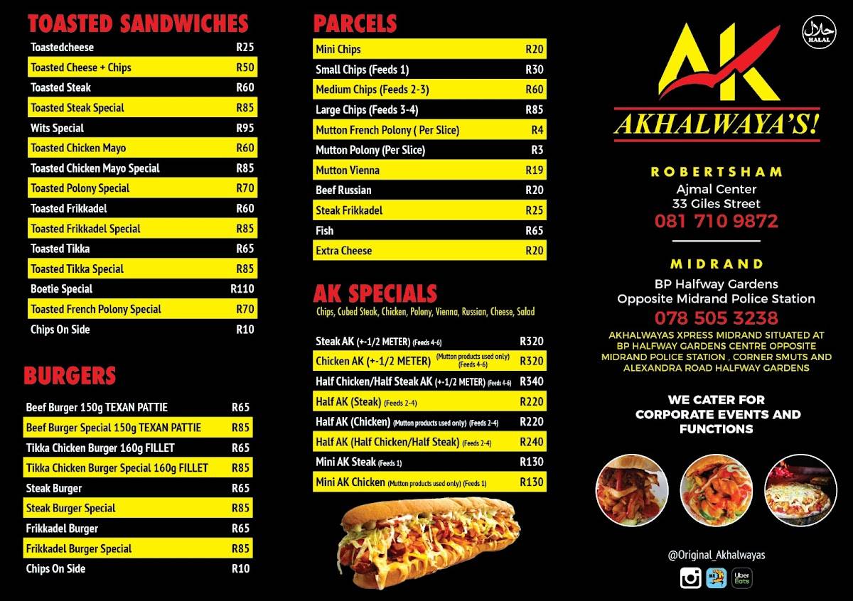 Menu at Akhalwaya's! Robertsham restaurant, Johannesburg, 33 Giles St