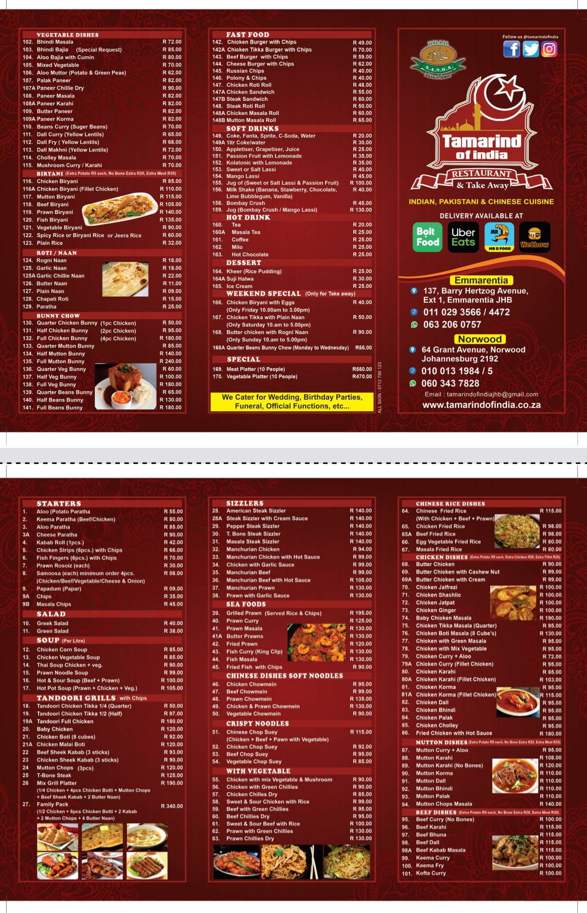 Menu at Tamarind of India Emmaretia (Halaal) restaurant, Johannesburg ...
