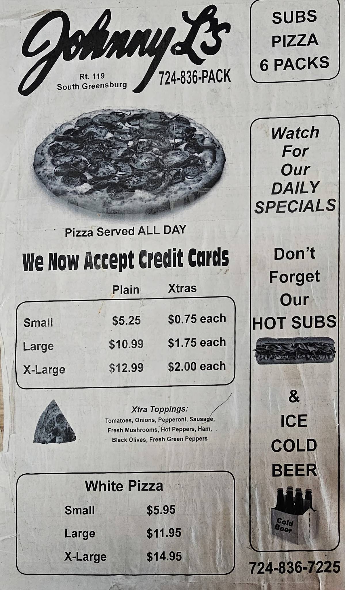 Menu at Johnny L's Sub & Six Pack Shack restaurant, Greensburg