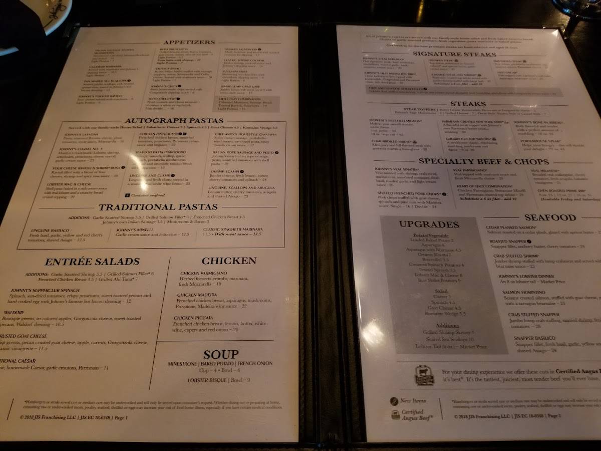 Menu at Johnny's Italian Steakhouse, Eau Claire