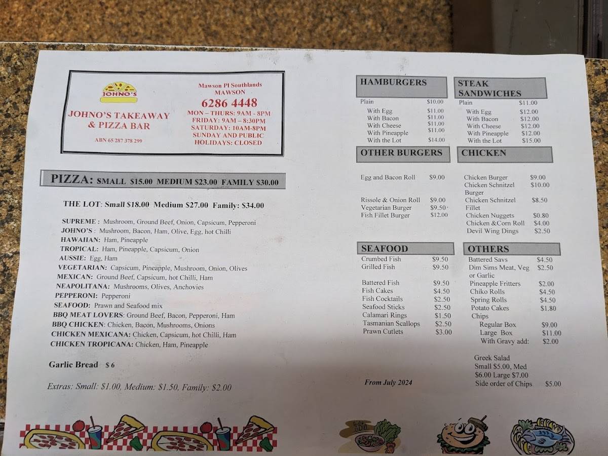 Menu at Johno's Takeaway And Pizza Bar, Mawson