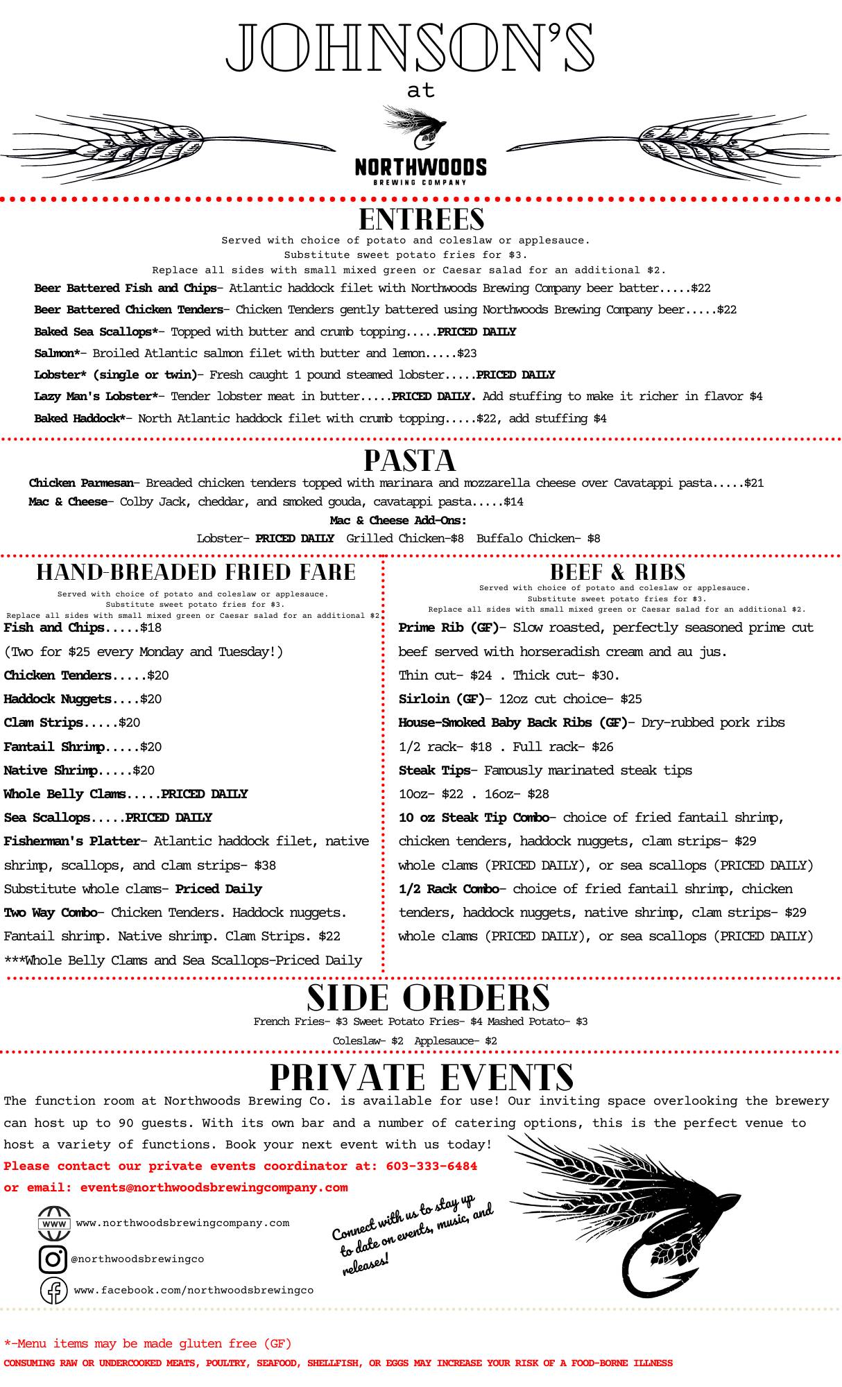Menu at The Original Johnson's Dairy Bar at Northwoods Brewing Company ...