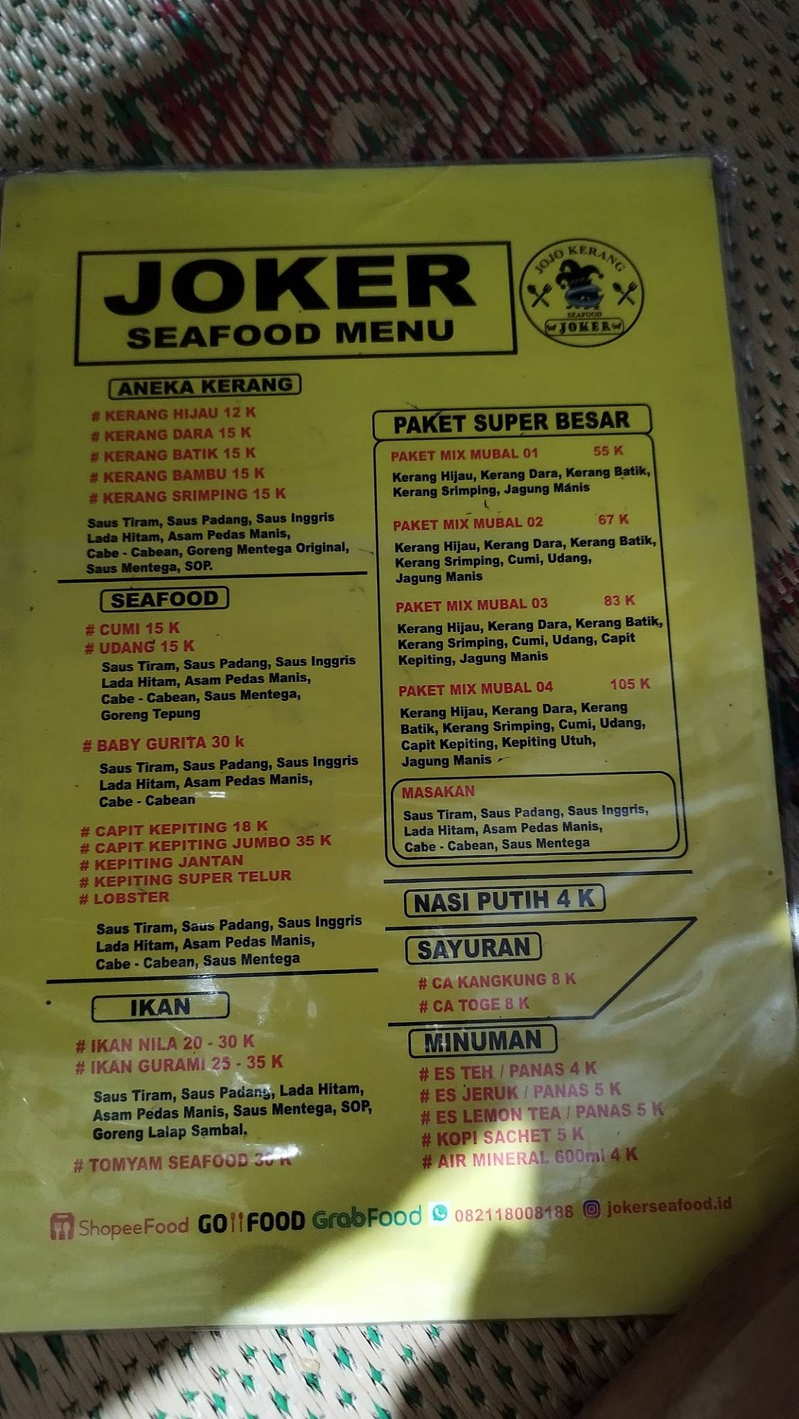Carta del restaurante Joker seafood ungaran, Genuk
