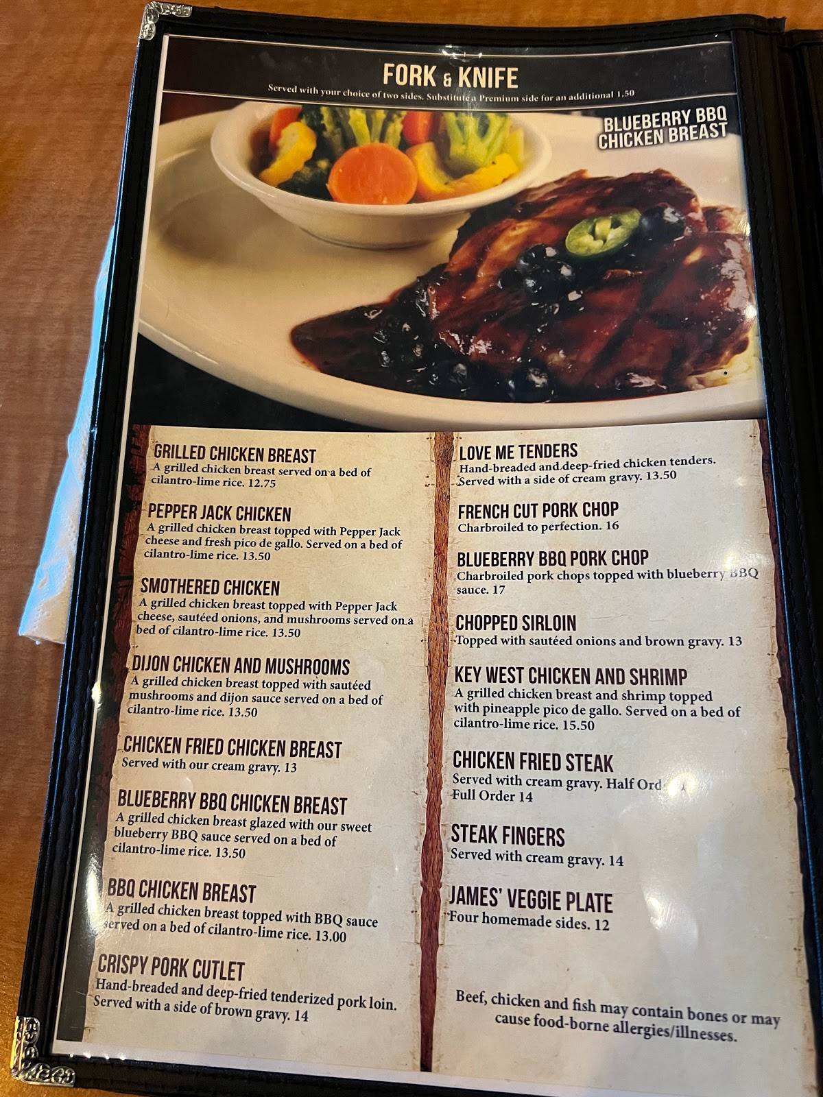 Menu at Papa Bear's steakhouse, Waco