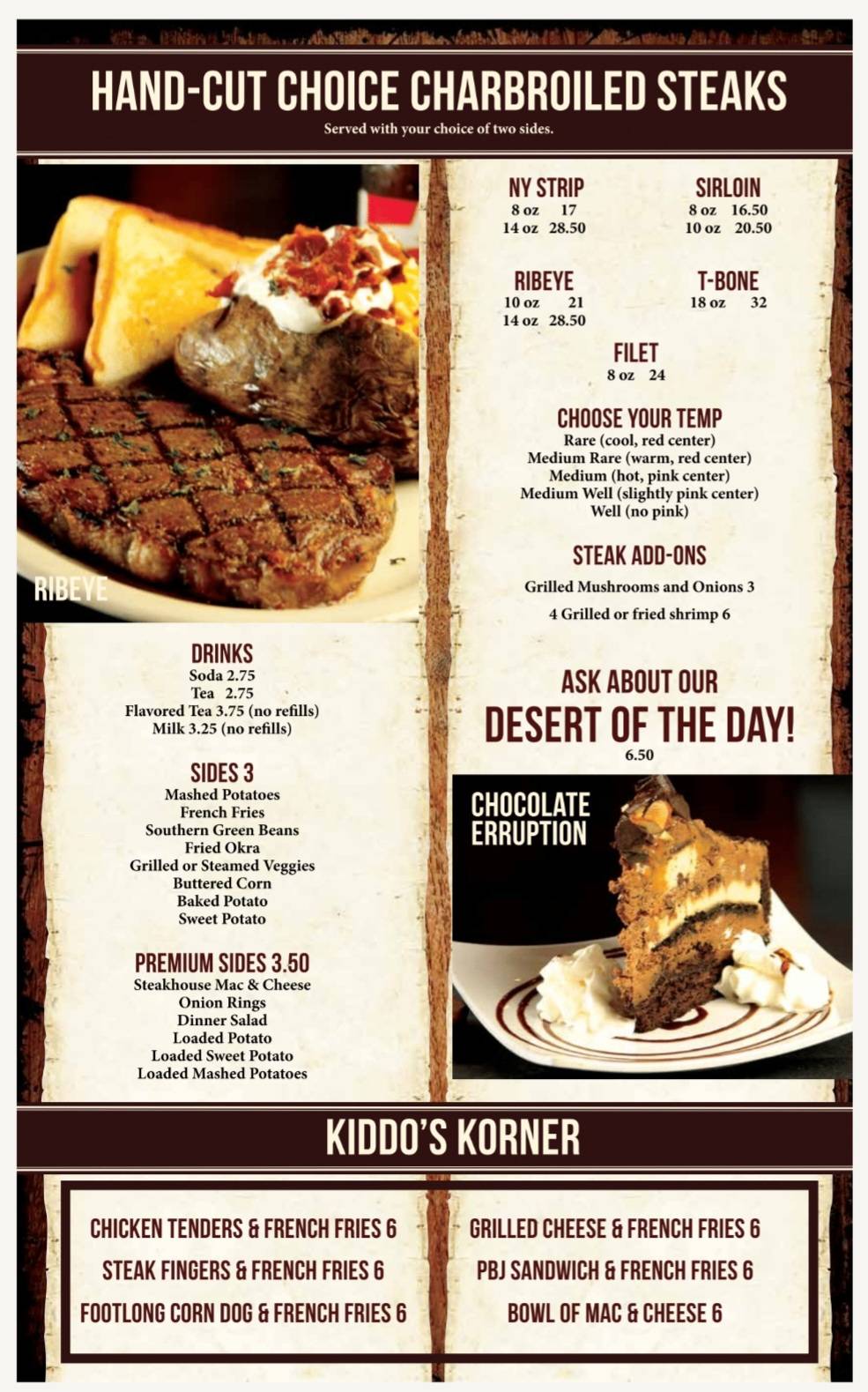 Menu at Papa Bear's steakhouse, Waco