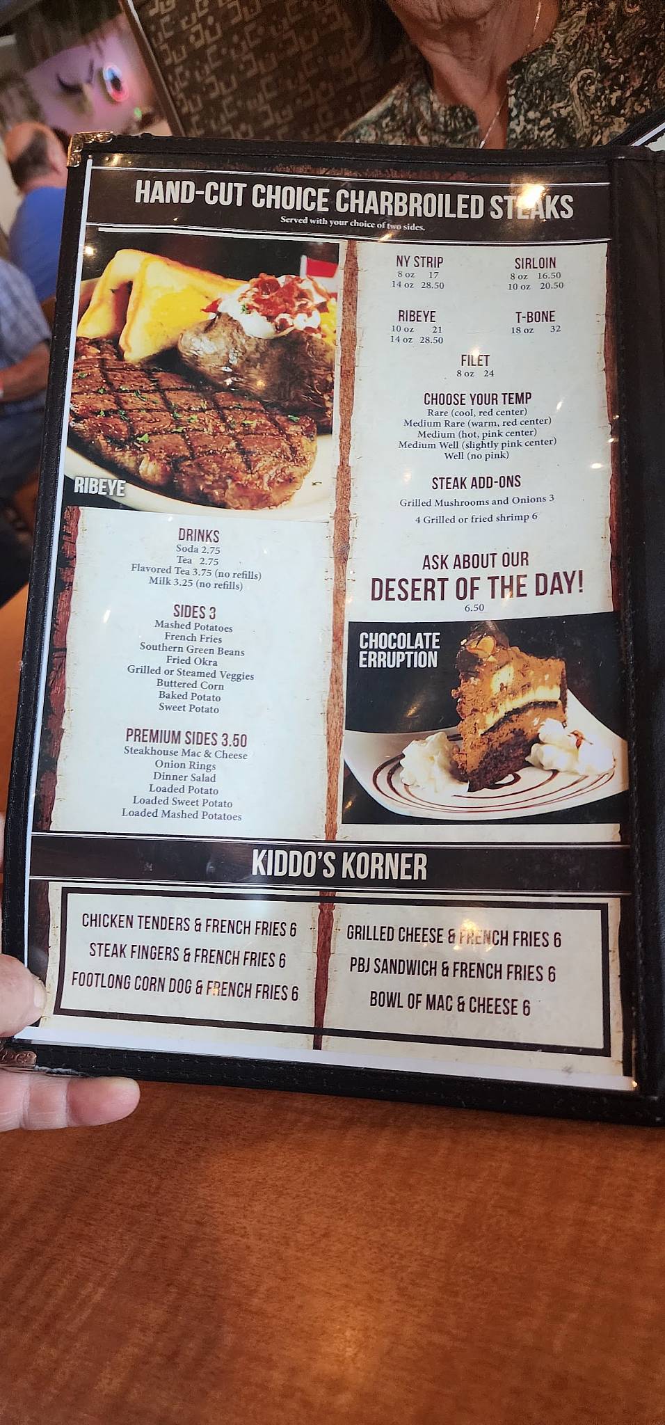 Menu at Papa Bear's steakhouse, Waco