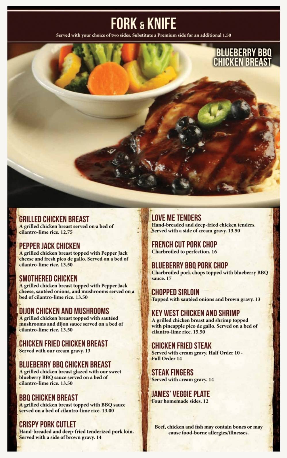 Menu at Papa Bear's steakhouse, Waco