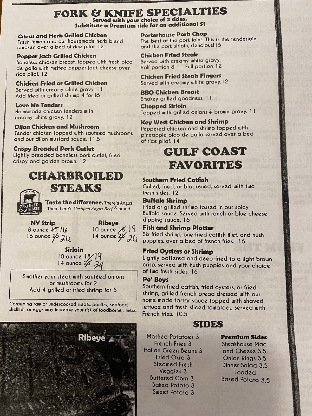 Menu at Papa Bear's steakhouse, Waco