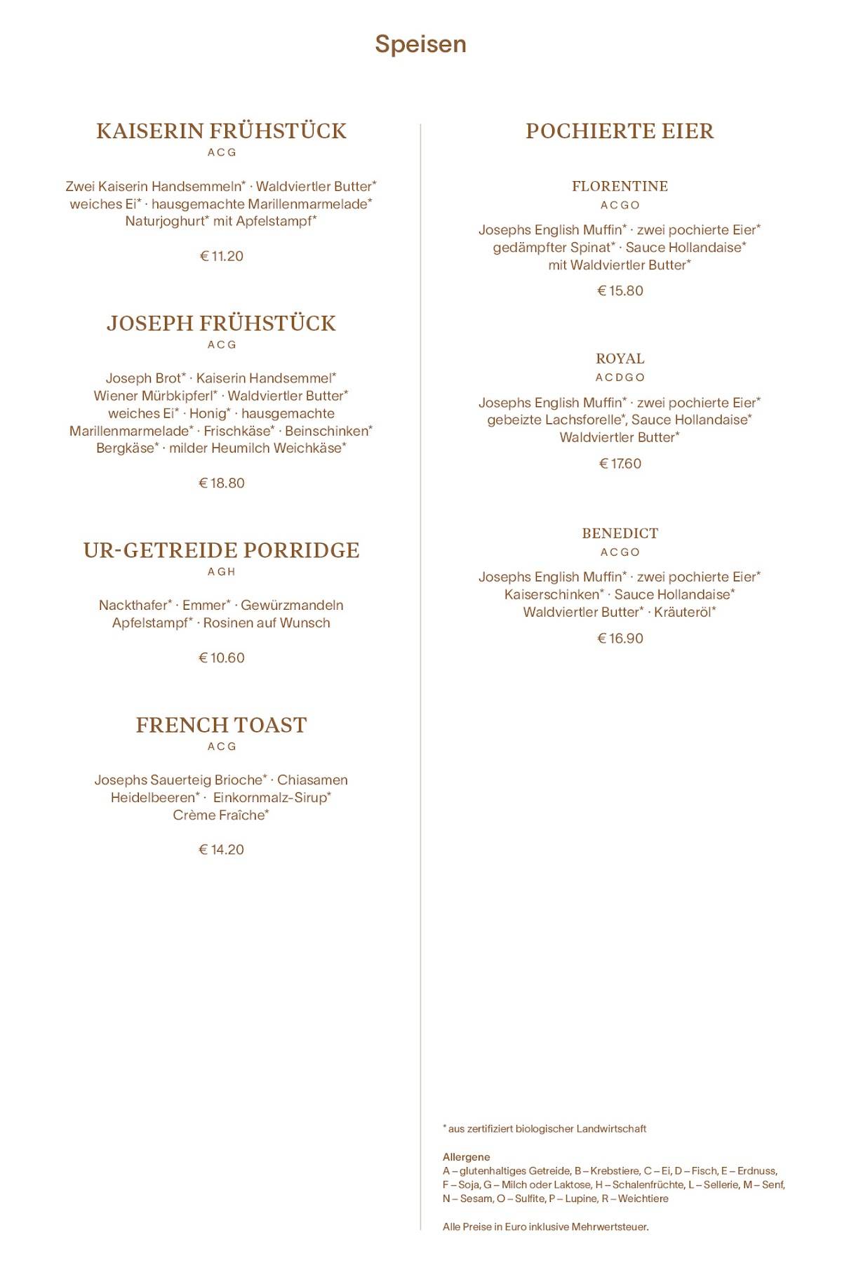 Menu at Joseph Brot • Wien Bio Bäckerei, Vienna, Landstraßer Hauptstraße 4