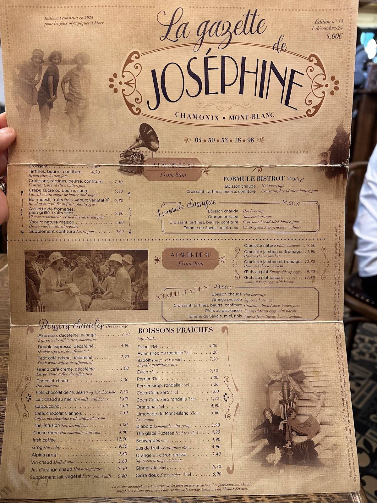 Menu at Josephine Restaurant, Chamonix