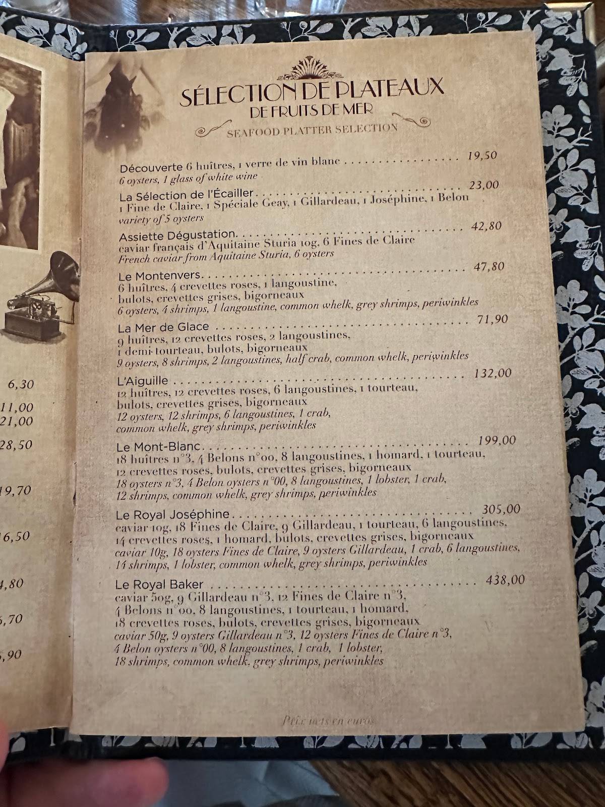 Menu at Josephine Restaurant, Chamonix