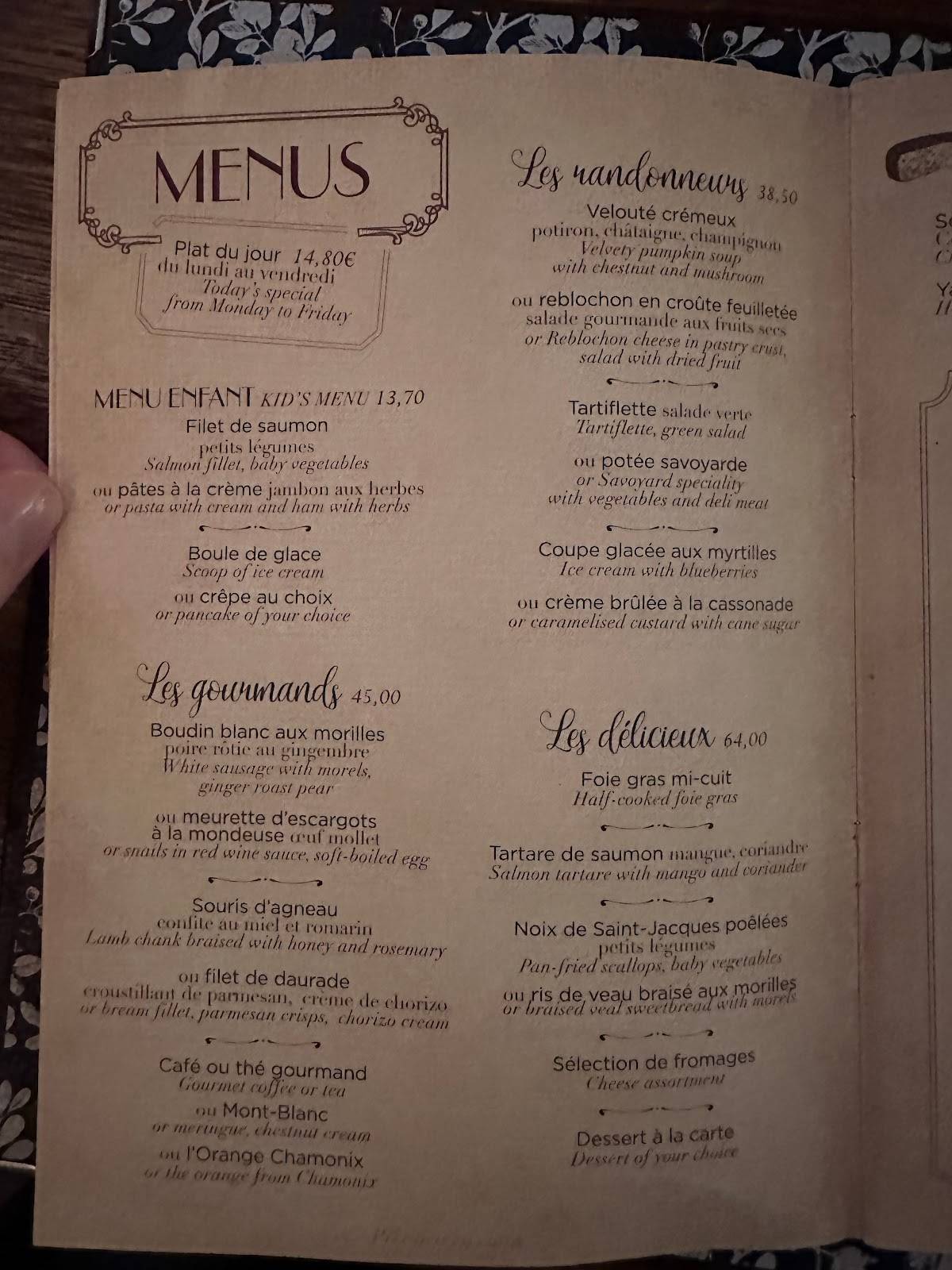 Menu at Josephine Restaurant, Chamonix