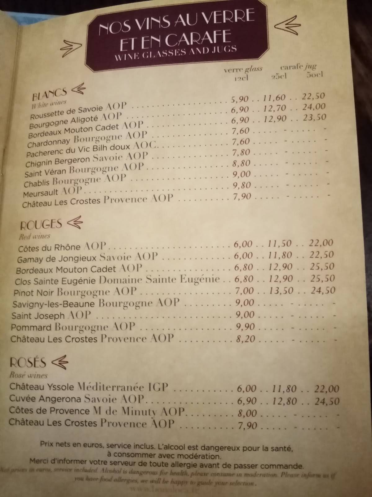 Menu at Josephine Restaurant, Chamonix