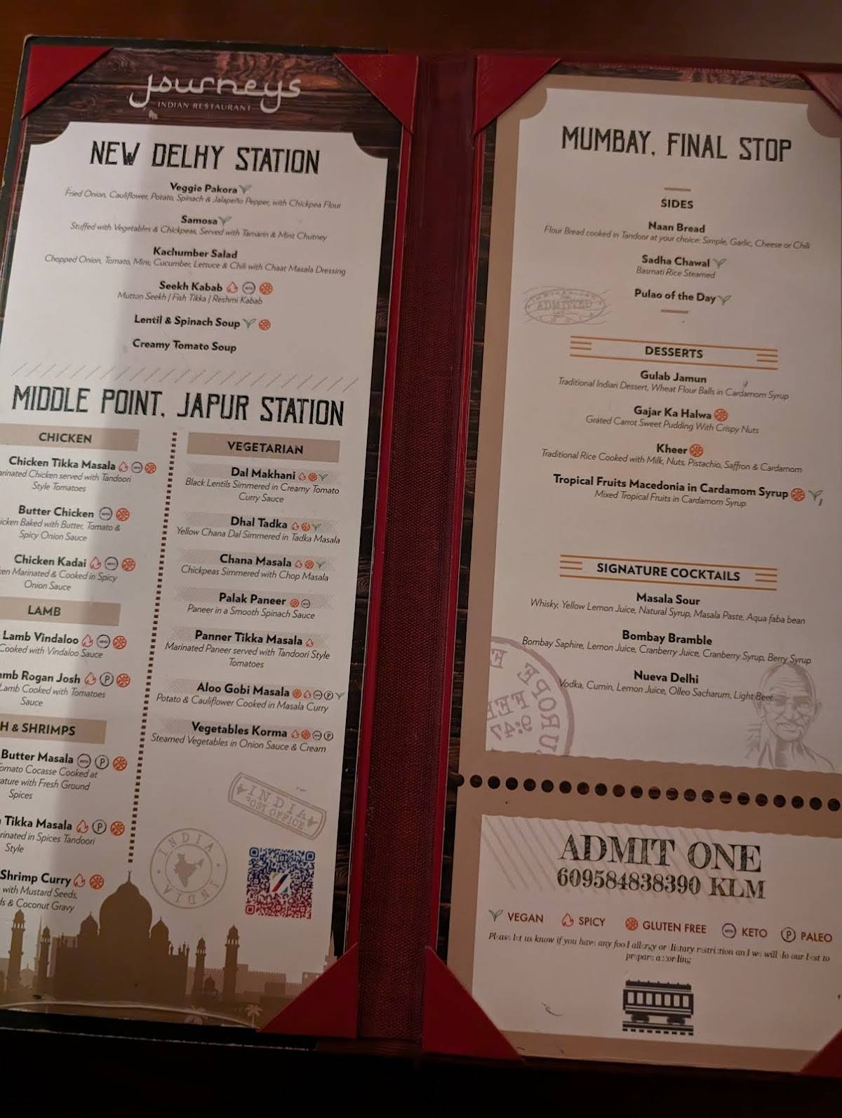 Menu at Journeys Hindu Restaurant at Hyatt Zilara, Punta Cana