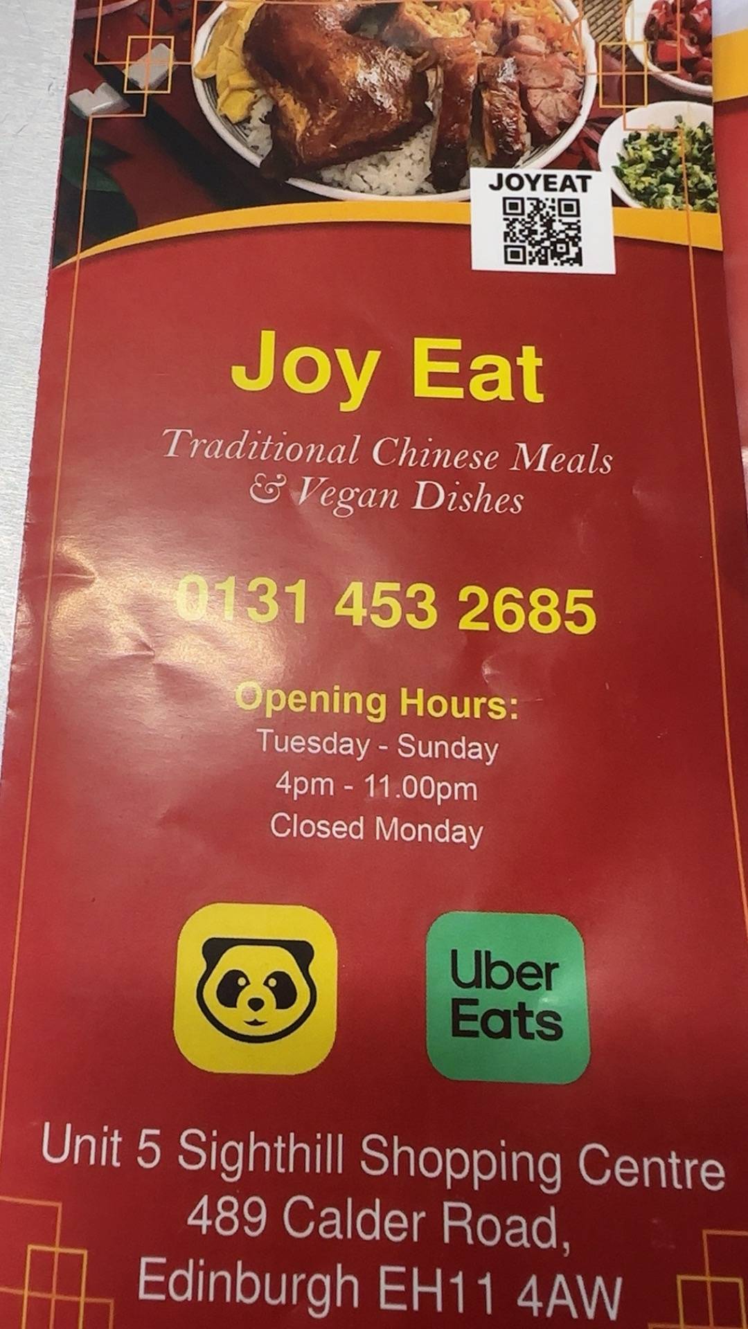 Menu at Joy Eat, Edinburgh