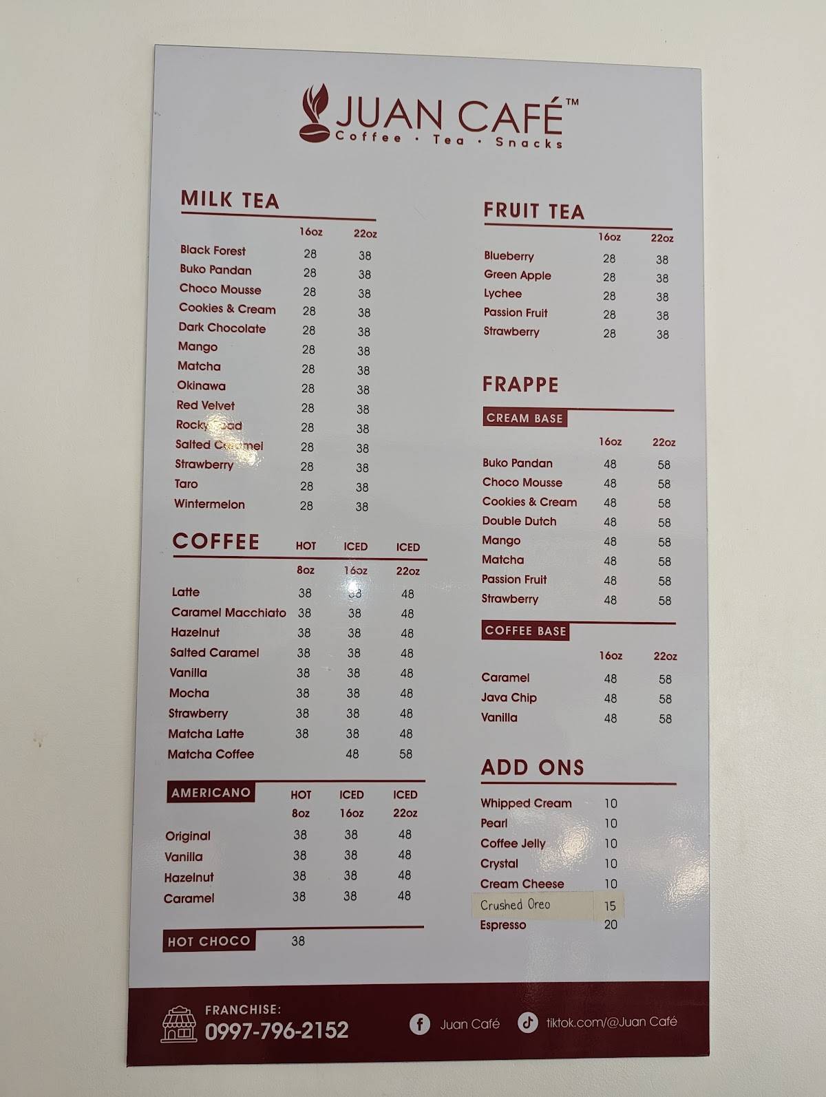 Menu at Juan Café - San Pedro, Santo Tomas
