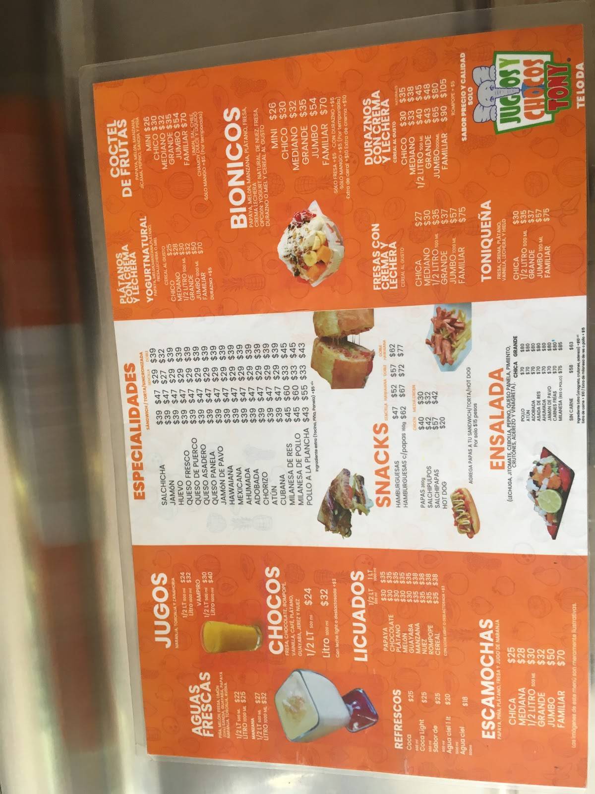 Carta del pub y bar Jugos Y Chocos Tony, Aguascalientes, Aguascalientes ...