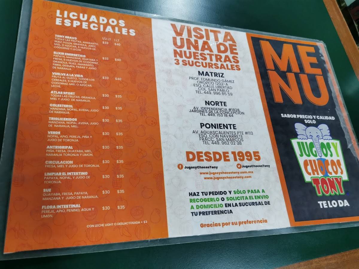 Carta del pub y bar Jugos Y Chocos Tony, Aguascalientes, Aguascalientes ...